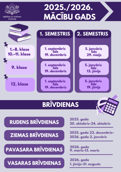 Apstiprināti 2025./2026. mācību gada sākuma, beigu un brīvdienu laiki